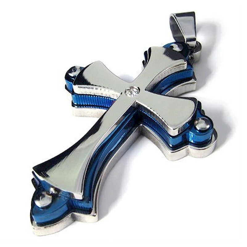 Stainless Blue Steel and Chrome Cross Riveted 3 Layer Pendant - LYC