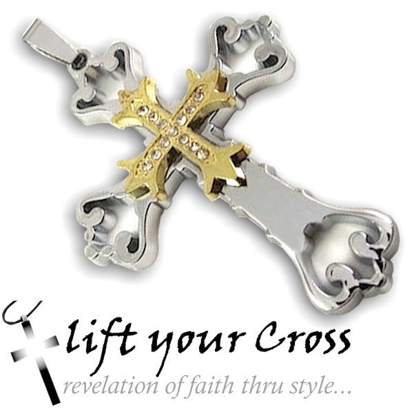 Stainless Steel Cross Double Pendant Triple Gold Color Crystal Inserts